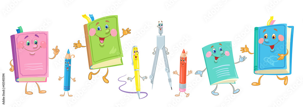 Three funny books, exercise book, pen, pencils and compass. In cartoon ...