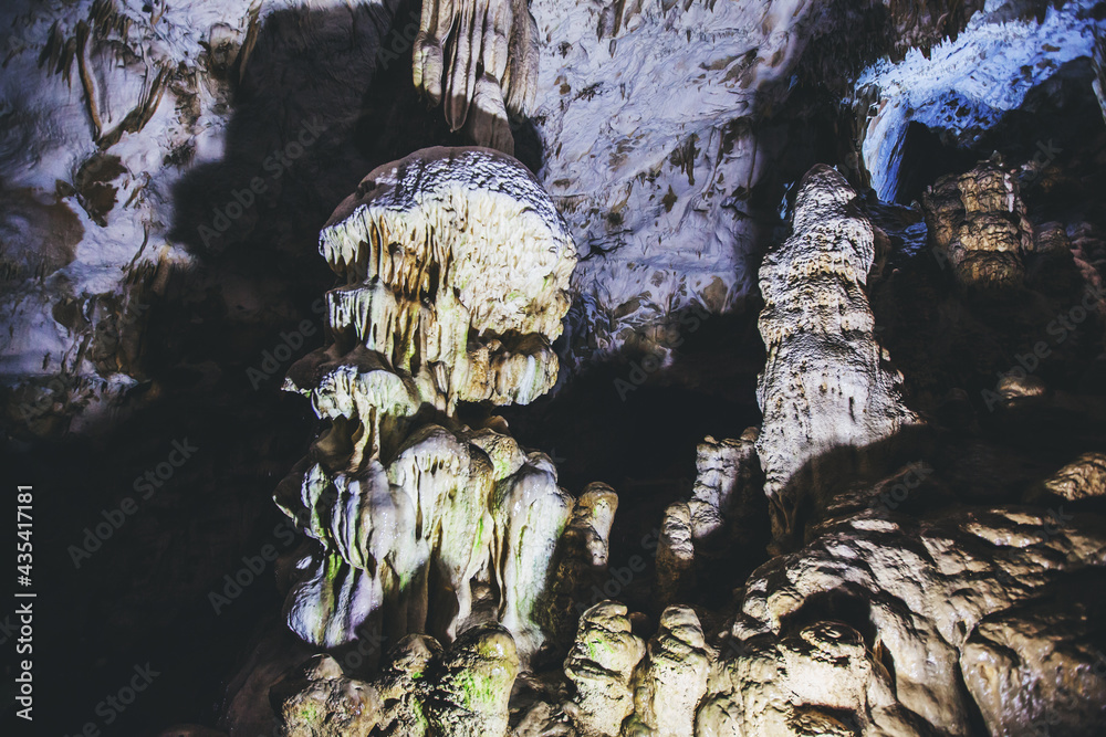 Underground cave, amazing scene , view of stalactites and stalagmite ...