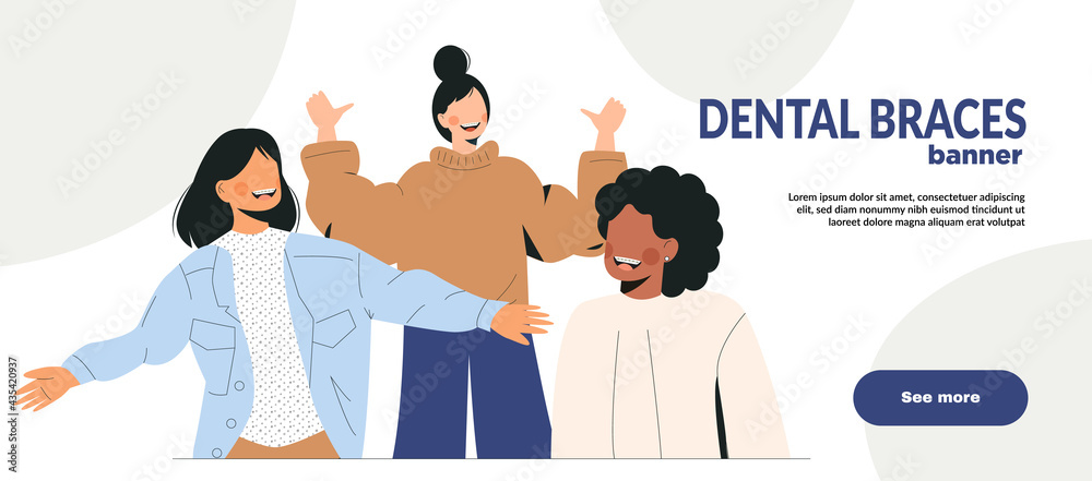 Dental braces banner vector illustration with female characters. Girls ...
