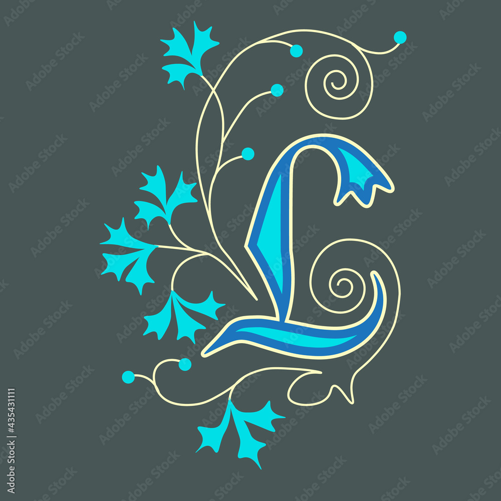 Decorated, illuminated letter L, beautiful floral ornament and stylized ...