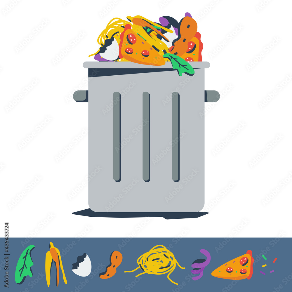 Waste food in bin garbage vector illustration isolated on a white ...