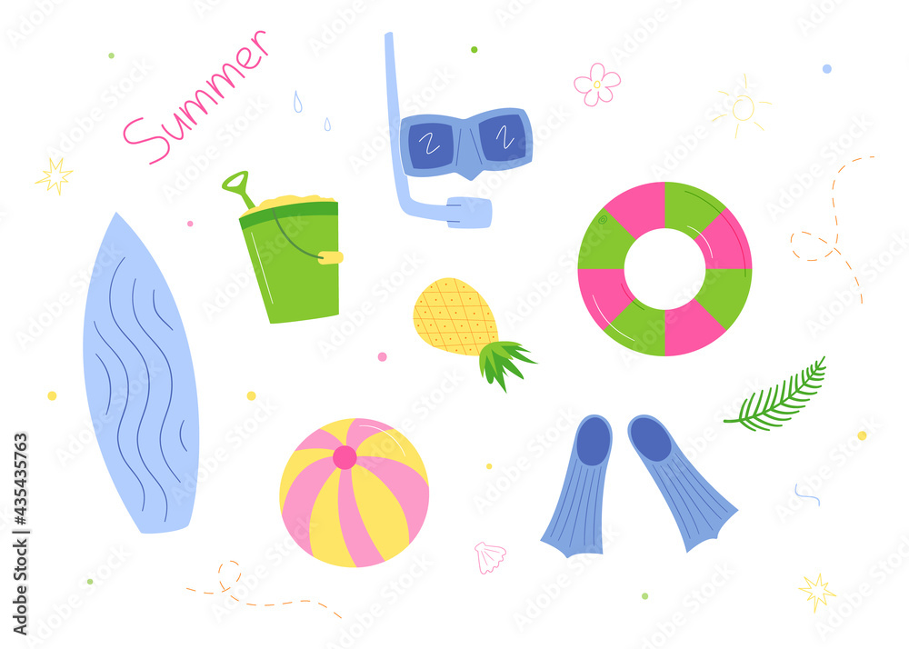 Set for relaxing on the beach. Surfboard and snorkeling paraphernalia ...