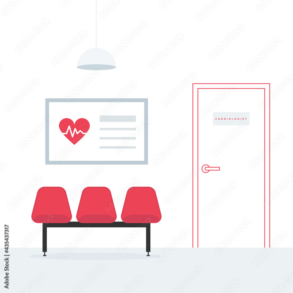 Waiting room. Cardiologist. Three red empty chairs. A poster on the ...