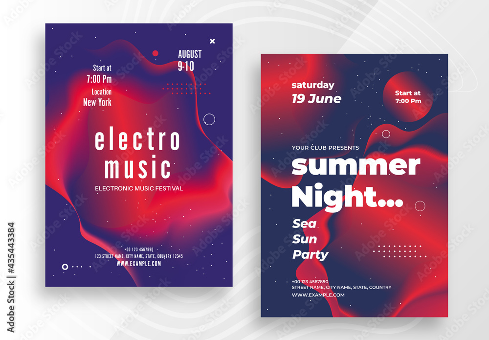 Electronic Music Poster Layout with Red Gradient Wavy Shapes Stock ...
