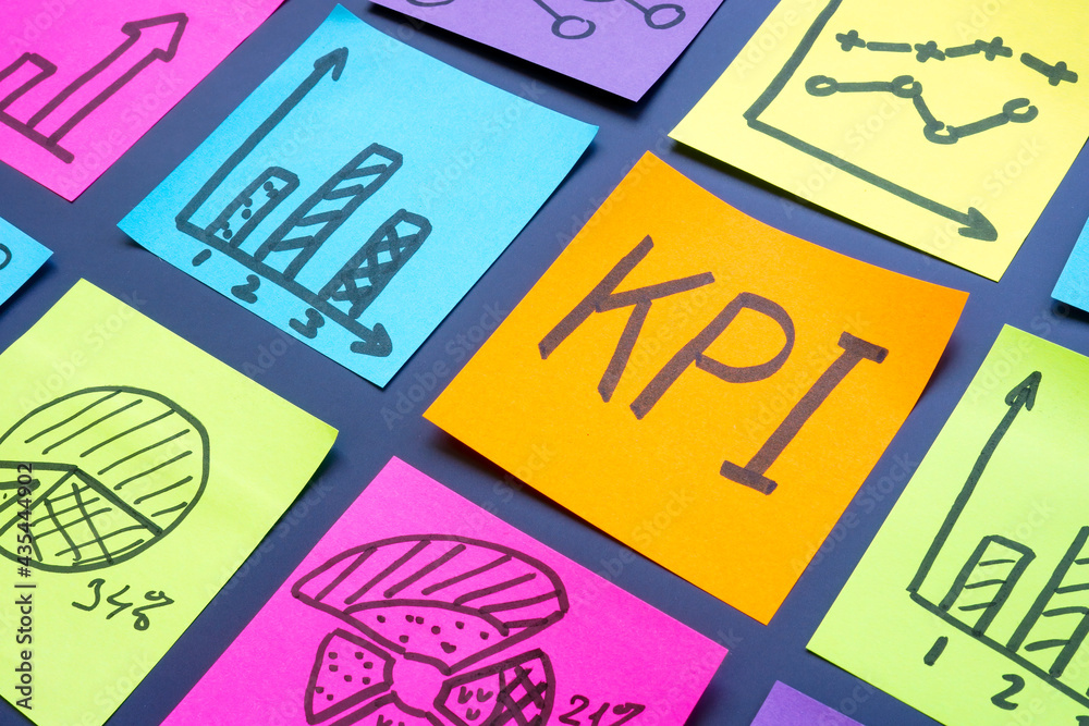 KPI or Key Performance Indicators and stickers with charts and graphs ...