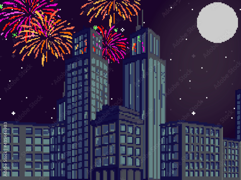Pixel city with fireworks. Retro pixel background. Pixel art 8 bit game ...