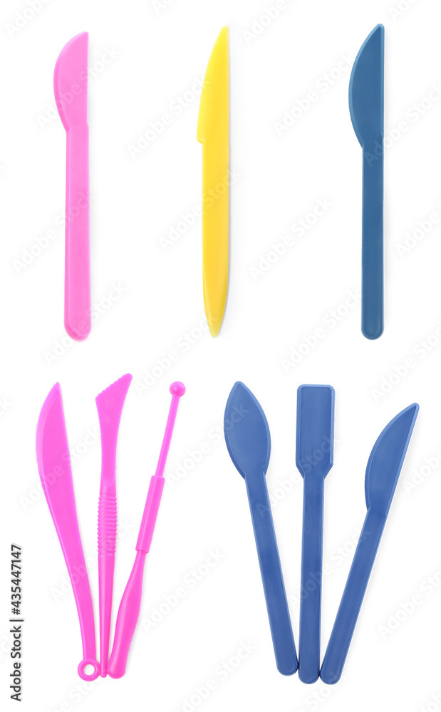 Set with different tools for plasticine on white background, top view ...