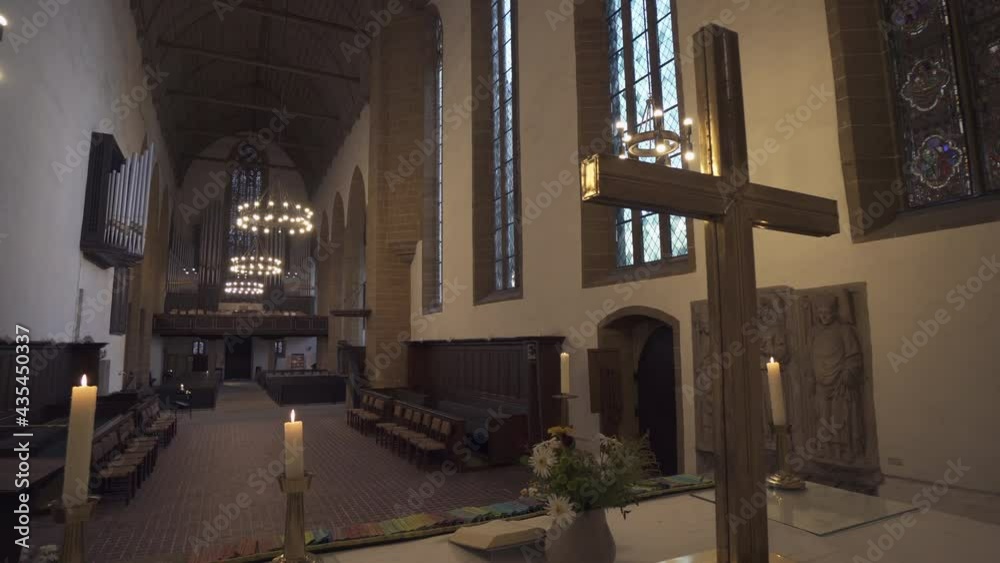 Panning The Altar In An Old German Church, With Soaring Arches, Pews ...