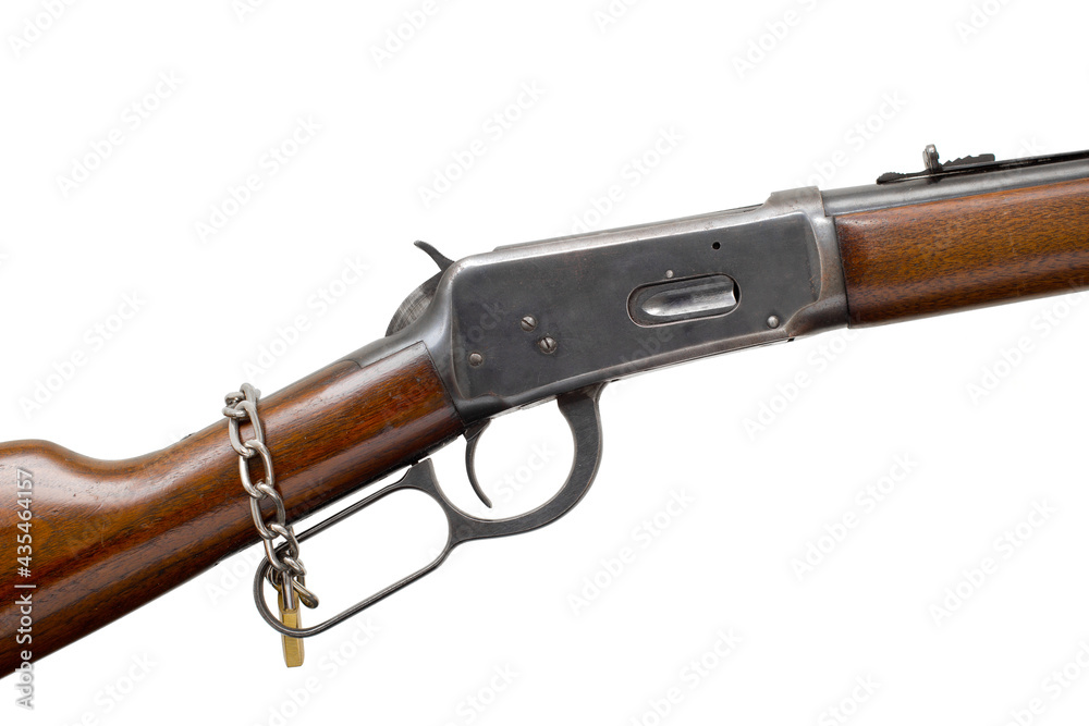 Lever-action rifle with chain lock isolated on white. Stock Photo ...