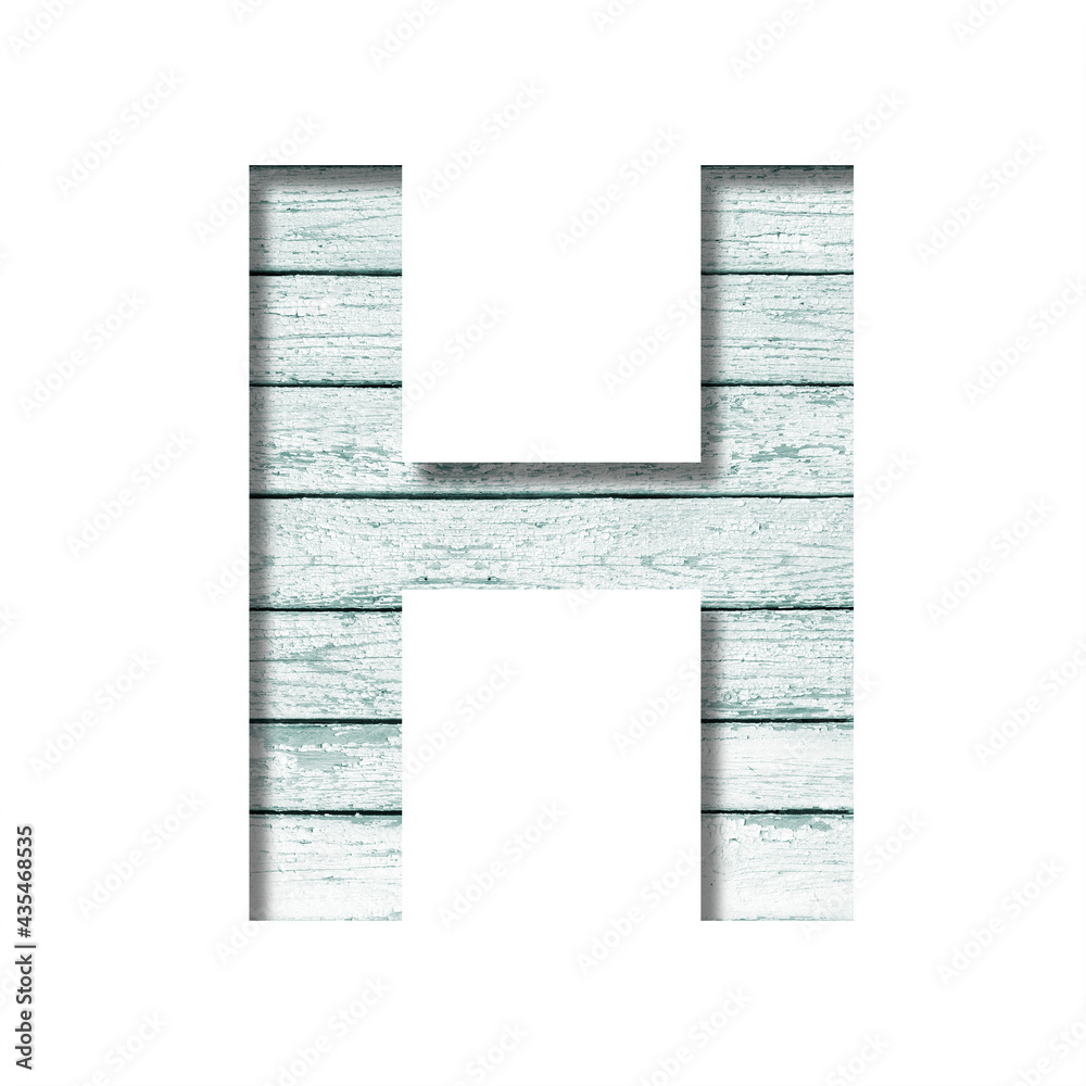 Font on old boards. The letter H cut out of paper on a rustic wall of ...