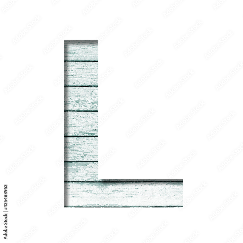Font on old boards. The letter L cut out of paper on a rustic wall of ...