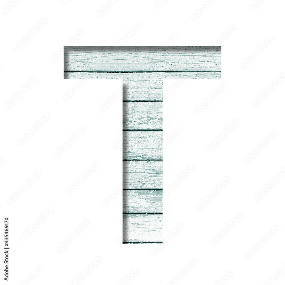 Font on old boards. The letter T cut out of paper on a rustic wall of ...