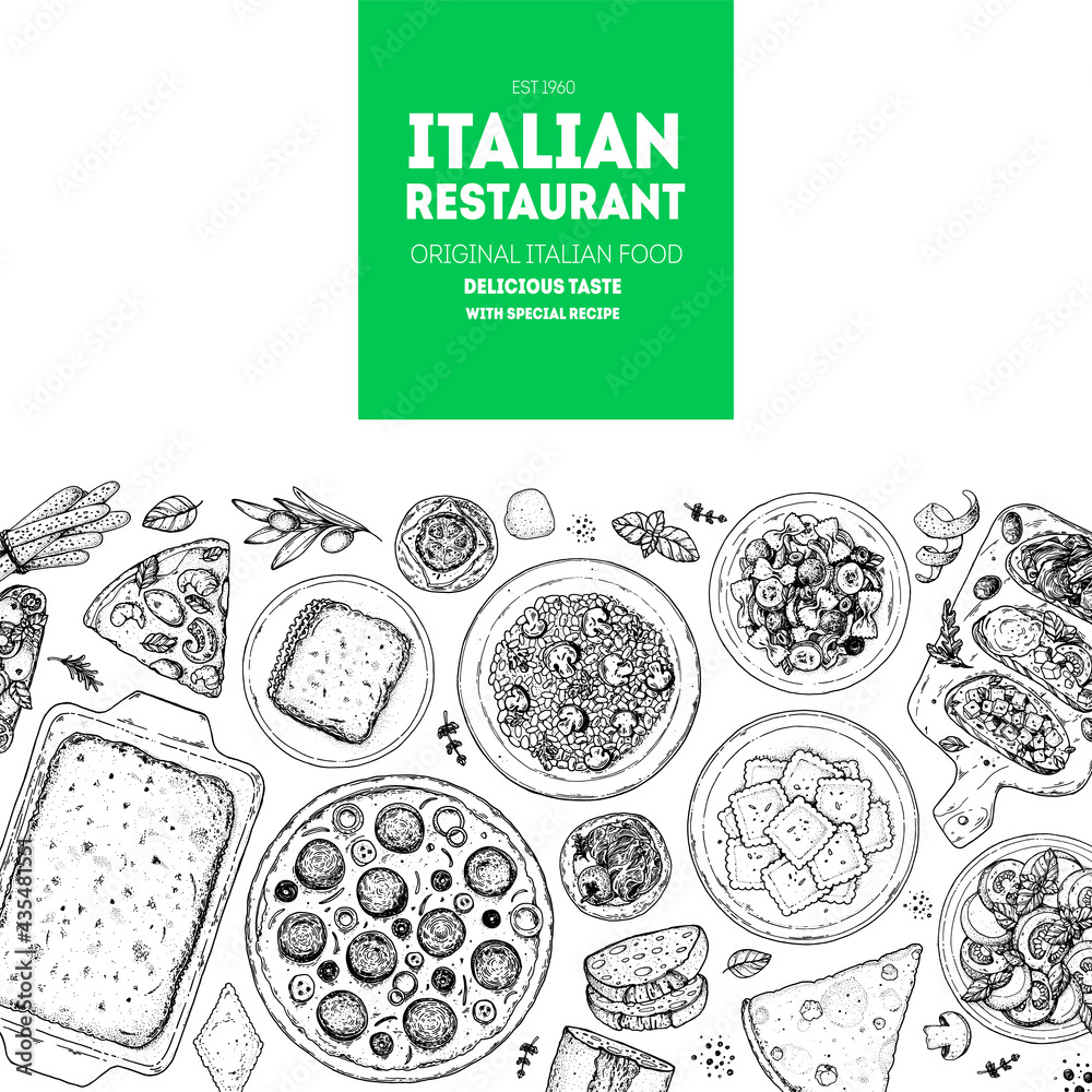 Italian Cuisine Menu. Top view. Sketch illustration. Italian food ...