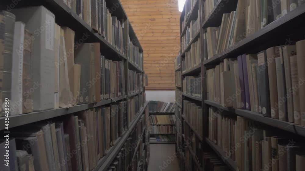 Panning And Moving Forward Through The Library Shelves Of An Old German ...