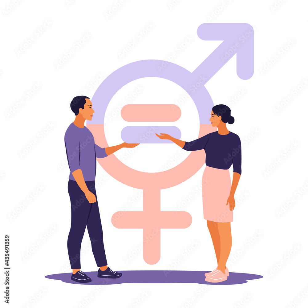 Gender equality concept. Men and women character on the scales for ...