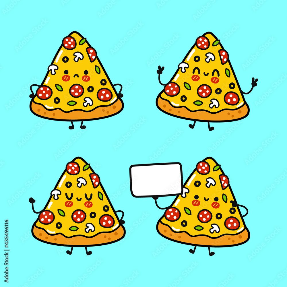 Funny cute happy pizza characters bundle set. Vector kawaii line ...