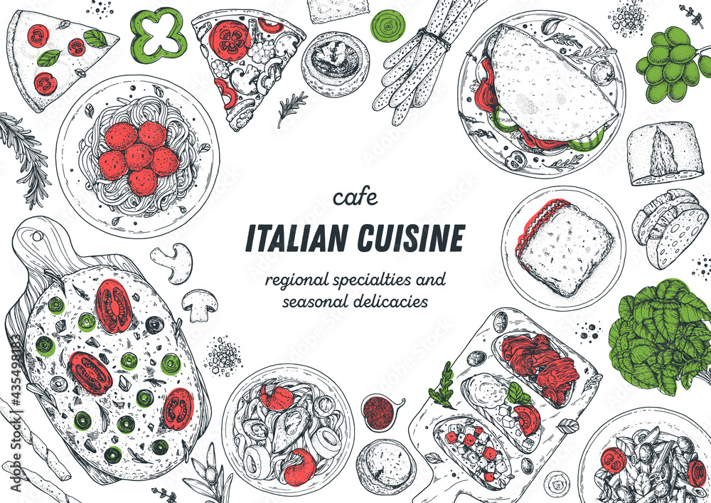 Italian Cuisine. Top view. Sketch illustration. Italian food. Design ...