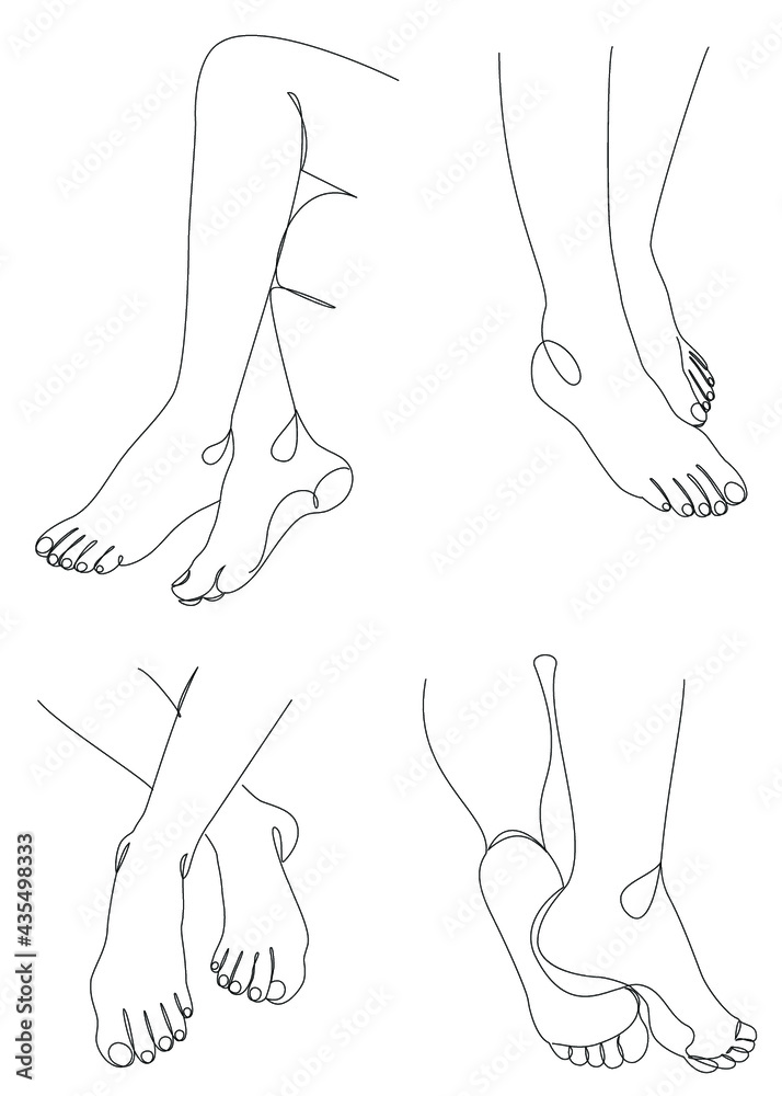 Collection. Silhouettes of human legs, feet in a modern one line style ...