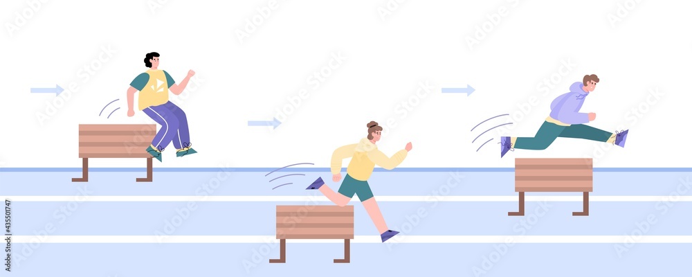 People jump over obstacles or barriers, cartoon vector illustration ...