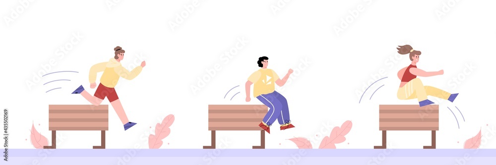 People in sportswear jumping over obstacles cartoon vector illustration ...
