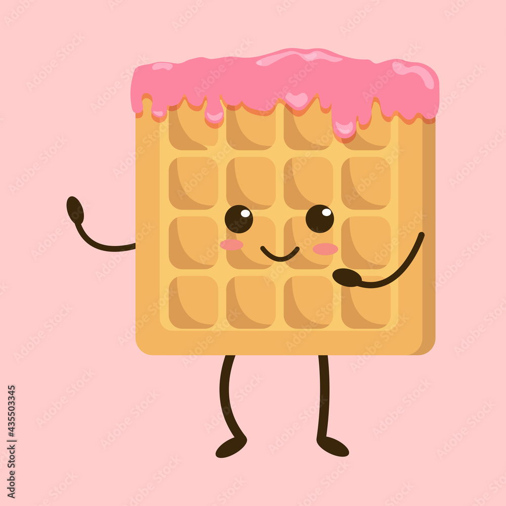 Kawaii Belgium waffles with pink cheeks and winking eyes, pastel colors ...