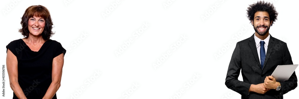 Two people in front of a white background with a white space in between ...