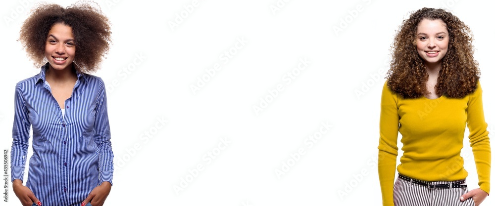 Two people in front of a white background with a white space in between ...