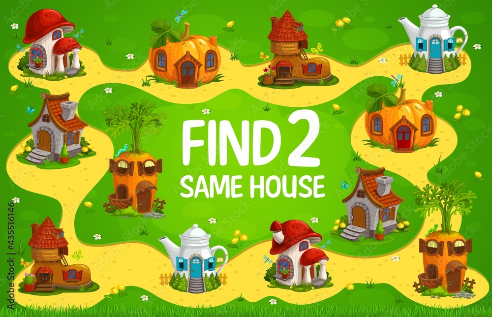 Find two same fairy houses kids game. Vector riddle with cute dwellings ...