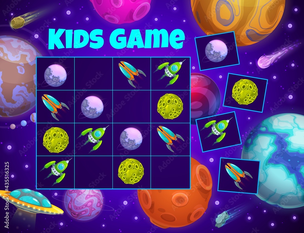 Kids puzzle game space planets and shuttles. Vector riddle with cartoon ...