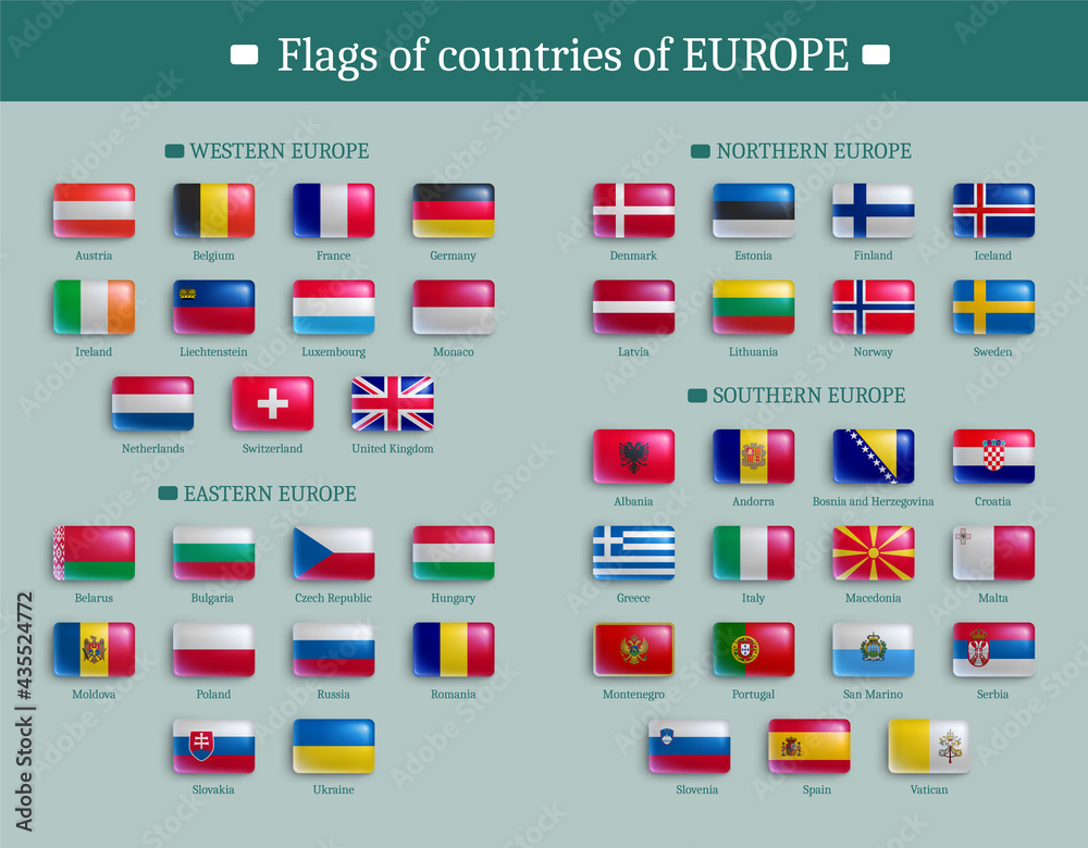 Set of Flags of Europe countries shiny buttons. European states ...