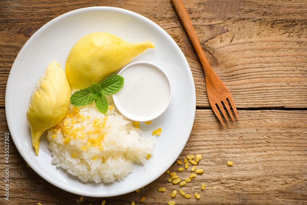 Durian sticky rice summer tropical fruit food, Asian Thai dessert ...