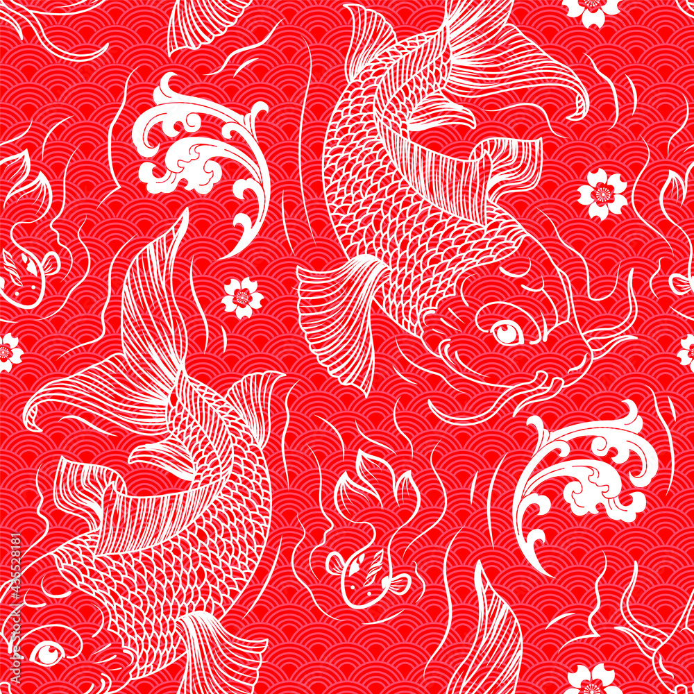 Seamless Art Japanese Repeat Pattern KOI Carp Fish and Little Fish ...