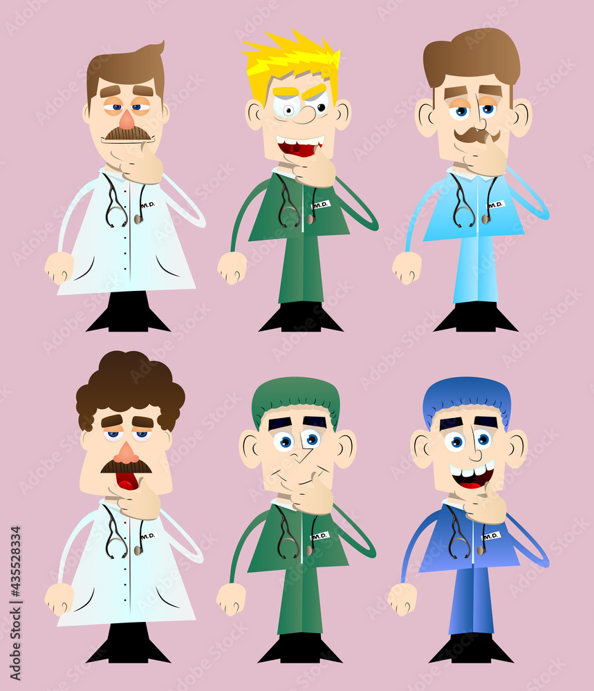 Funny cartoon doctor thinking with hands under his mouth. Vector ...