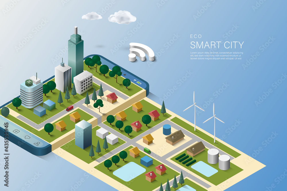 Eco smart city concept. Green city on smart phone. Smart city. Modern ...