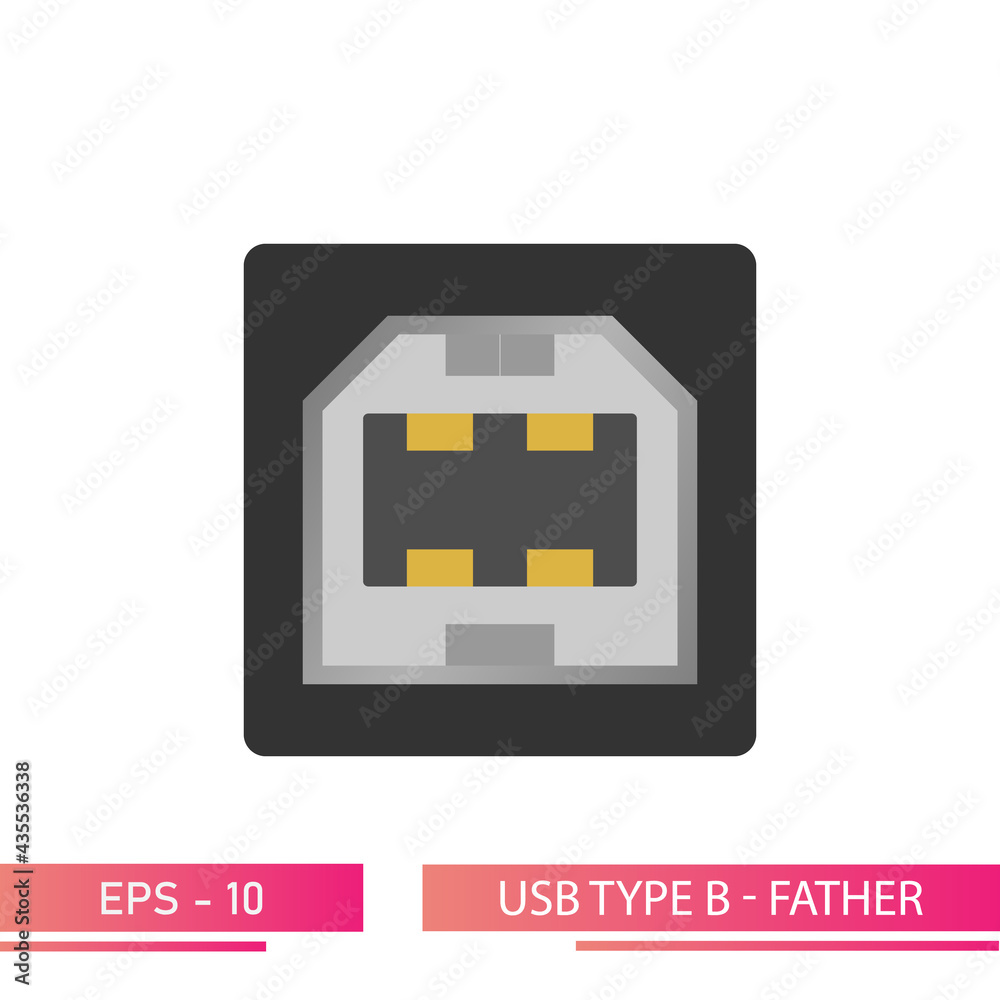 USB type B, father, front view. On a white background. Flat vector ...