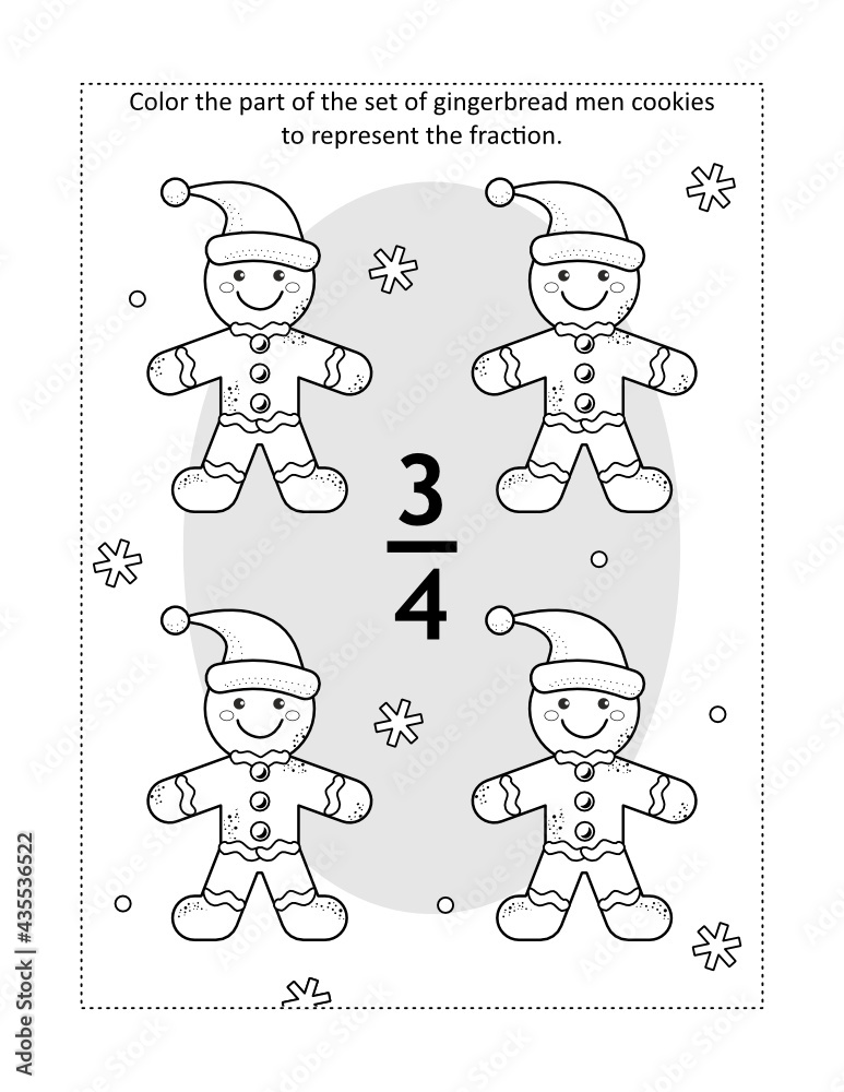 Math educational coloring page with a fraction and a set of christmas ...