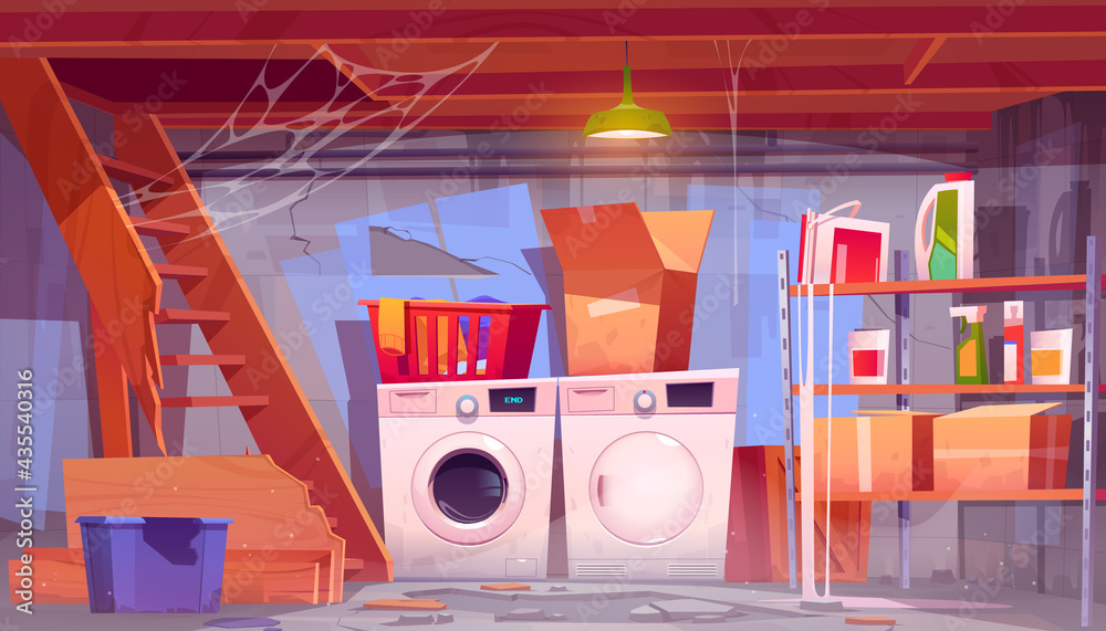 Storage room with laundry equipment in house basement. Vector cartoon ...