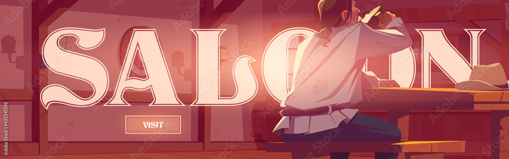 Saloon poster with pub interior and man drinks beer. Invitation banner ...