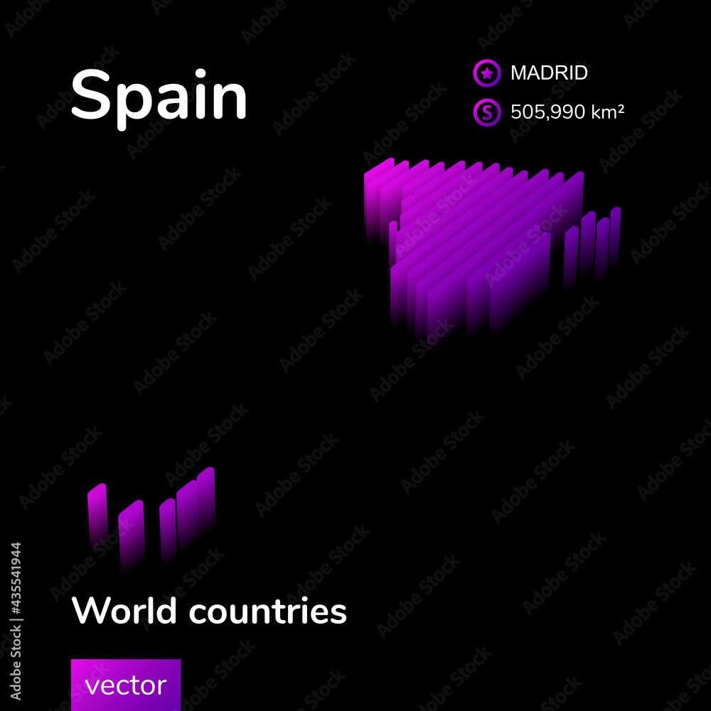 Stylized neon digital isometric striped vector Spain map with 3d effect ...