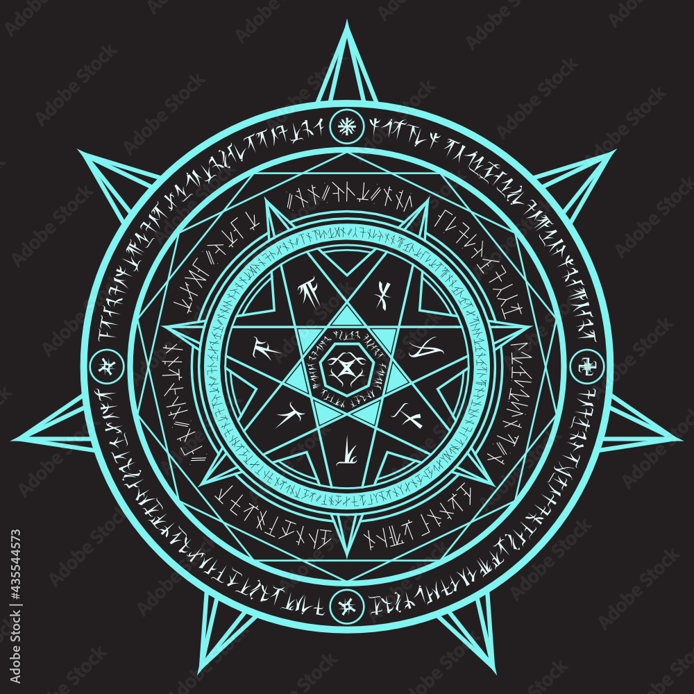 light blue seven star magic incantation circle with fantasy alphabets ...