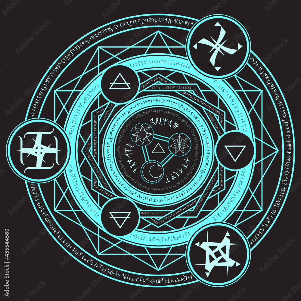 Poster light blue magic incantation circle with fantasy alphabets spell ...