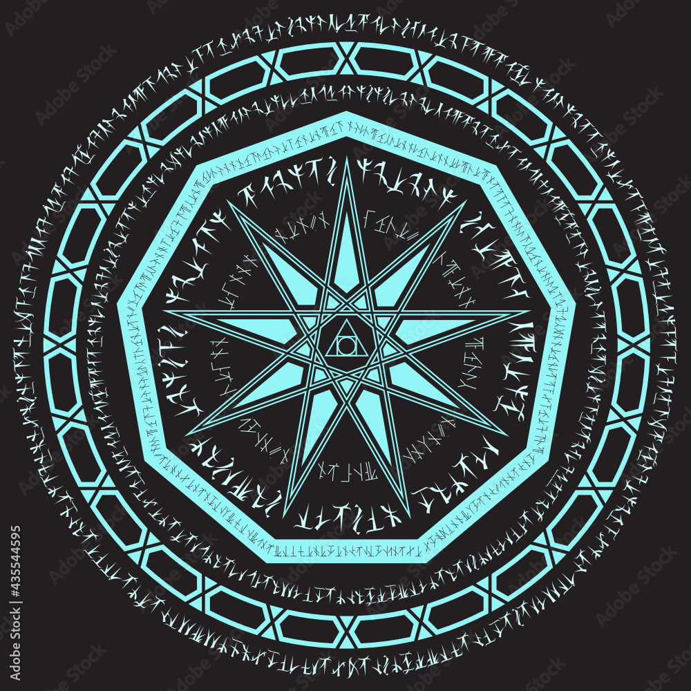 light blue nine star magic incantation circle with fantasy alphabets ...