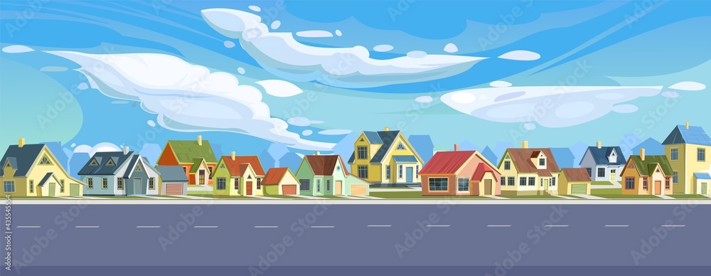 Street in a cheerful cartoon flat style. Asphalt wide road. A village ...