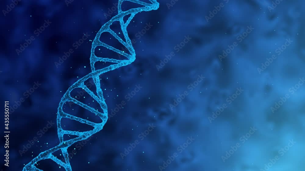 DNA rotating 3D animation on dark blue background with particles ...