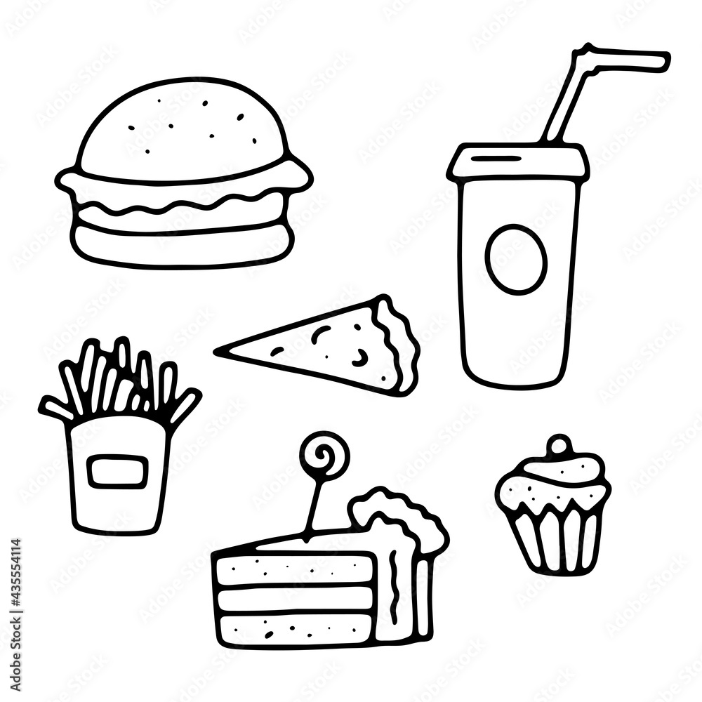 Doodle cafe signs set. Outline fast food, sweets isolated on white ...