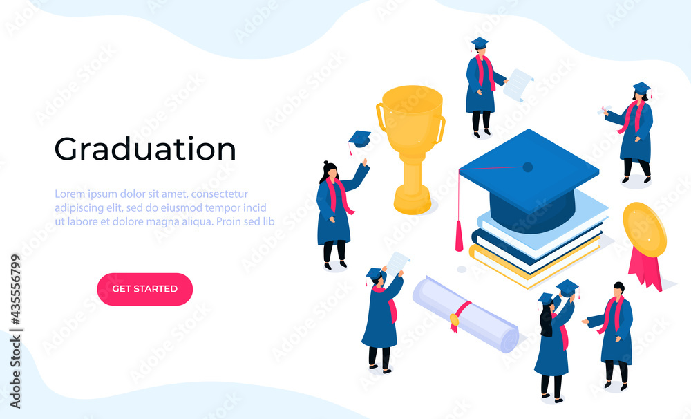 Isometric students in graduation gowns and mortarboards celebrate ...