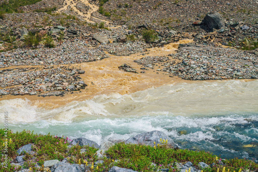 Sunny motley landscape with confluence of three rivers. Beautiful vivid ...