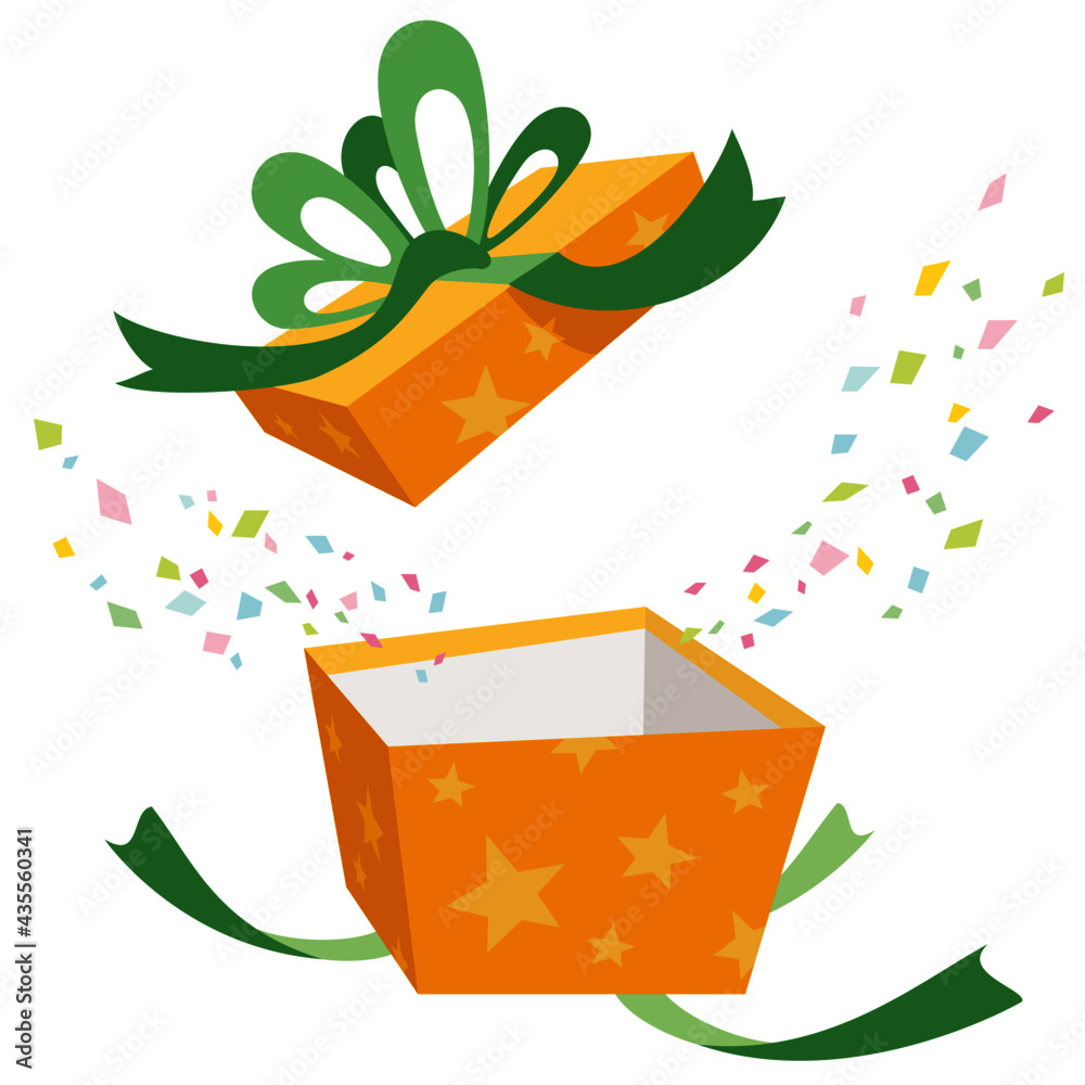 Open the gift box with yellow star pattern. Confetti pops out of the ...