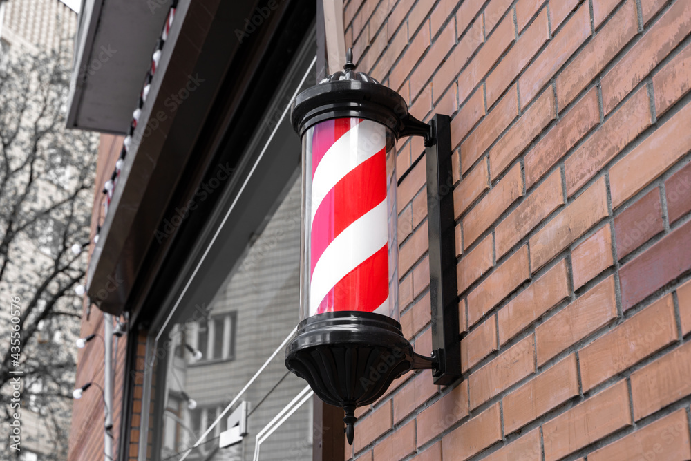 American vintage barber pole sign with a helical stripe (red, white ...