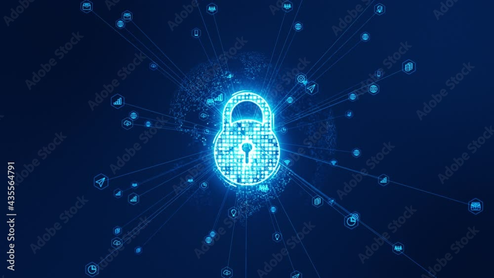 Motion graphic of Blue digital security key and earth sphere with line ...